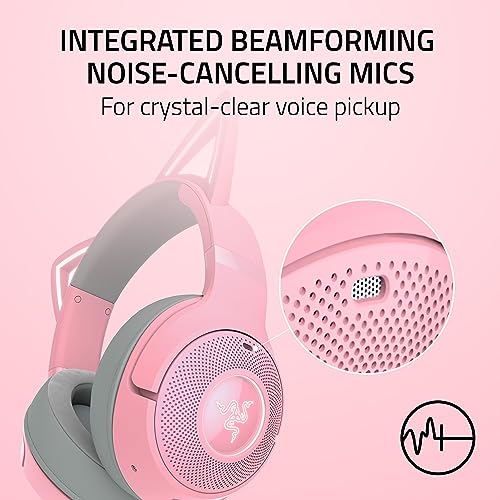 Razer Kraken Kitty V2 BT Wireless RGB Headset: Chroma RGB Kitty Ears & Earcups - Bluetooth 5.2-40 mm Drivers - Noise-Cancelling Mics - Lightweight - 40 Hr Battery w/Type C Charging - Quartz Pink