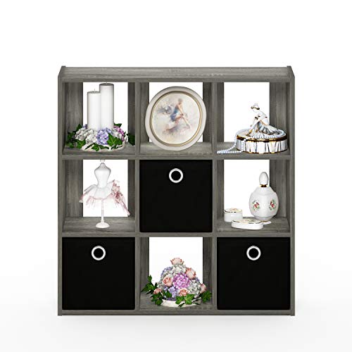 Furinno 13207GY/BK Simplistic 9-Cube Organizer with Bins, French Oak Grey/Black
