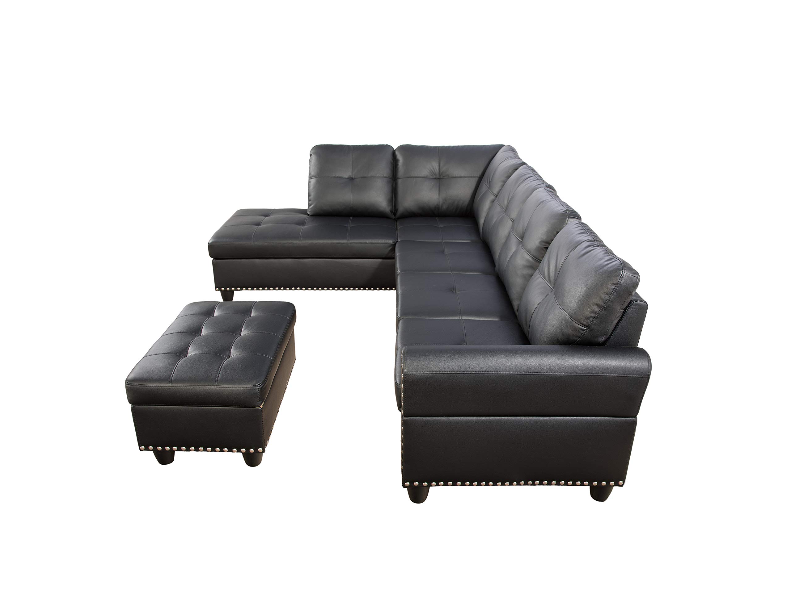 GINGVAT Faux Leather Sectional Sofa with Cup Holders, L-Shaped Chaise with Two Toss Pillows, Adjustable Backrest and Nailhead Decoration Storage Ottoman, Black