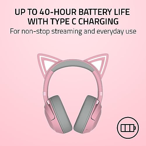 Razer Kraken Kitty V2 BT Wireless RGB Headset: Chroma RGB Kitty Ears & Earcups - Bluetooth 5.2-40 mm Drivers - Noise-Cancelling Mics - Lightweight - 40 Hr Battery w/Type C Charging - Quartz Pink
