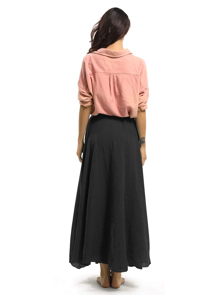 Phorecys Women's Casual Long Maxi Skirt Cotton Elastic Waist Boho Goth Fairy Renaissance Weekend Skirts Dress Black 105CM Length