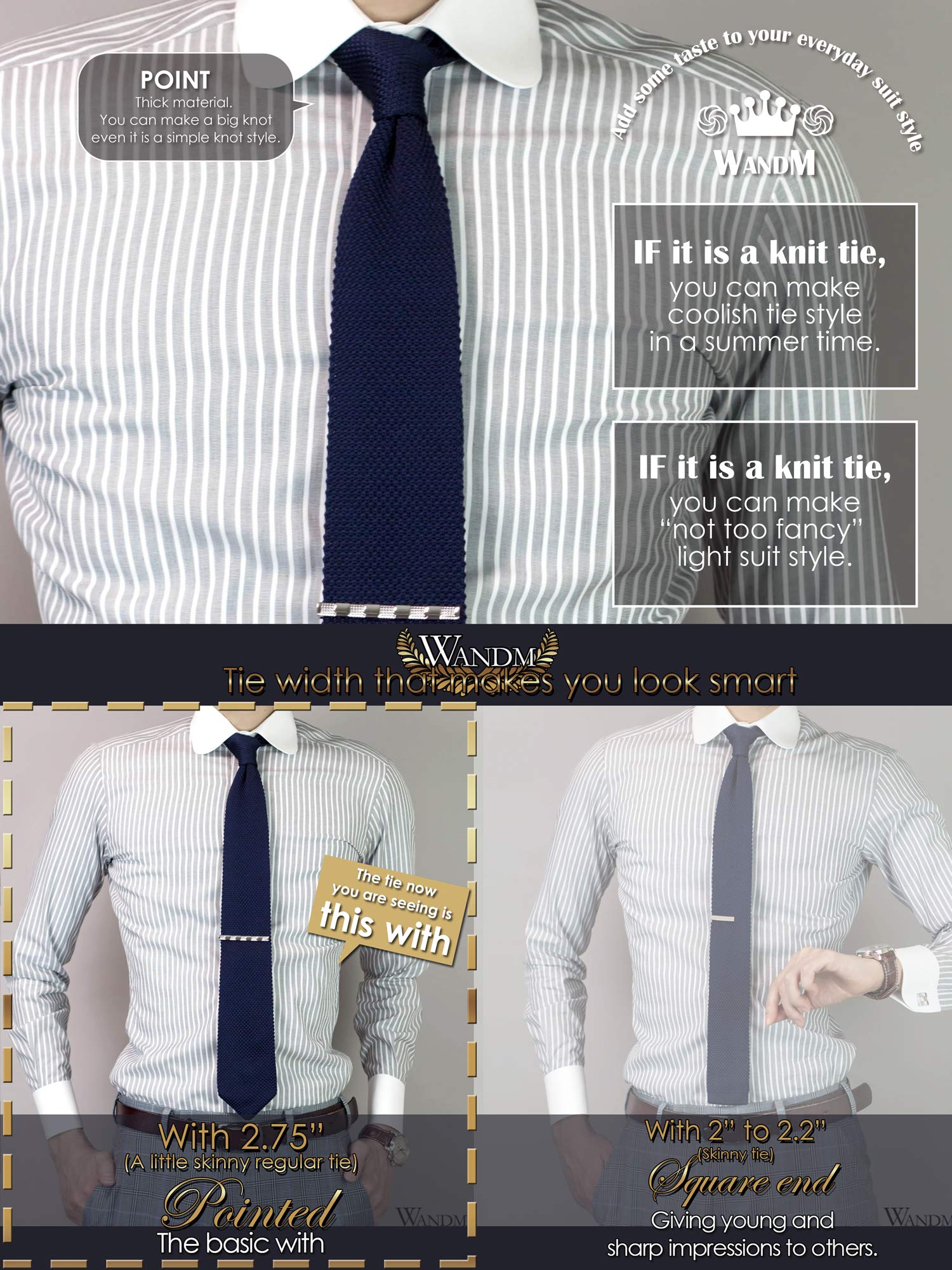 WANDM Men's Pointed Knit Tie Necktie Width 2.75 inches Washable Solid Color Navy Blue