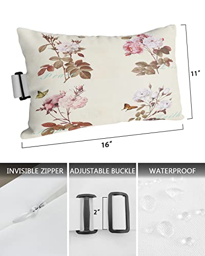 Recliner Head Pillow Ledge Loungers Chair Pillows with Insert Rose Flower Rustic Lumbar Pillow with Adjustable Strap Outdoor Waterproof Patio Pillows for Couch Beach Pool Office Chair, 2 PCS