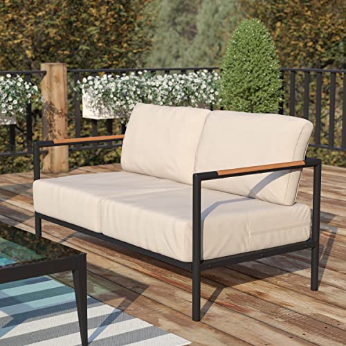 Flash Furniture Modern Patio Loveseat With Cushions - Contemporary Black Frame and Teak Accented Arms - Beige Cushions - Zippered Removable Covers