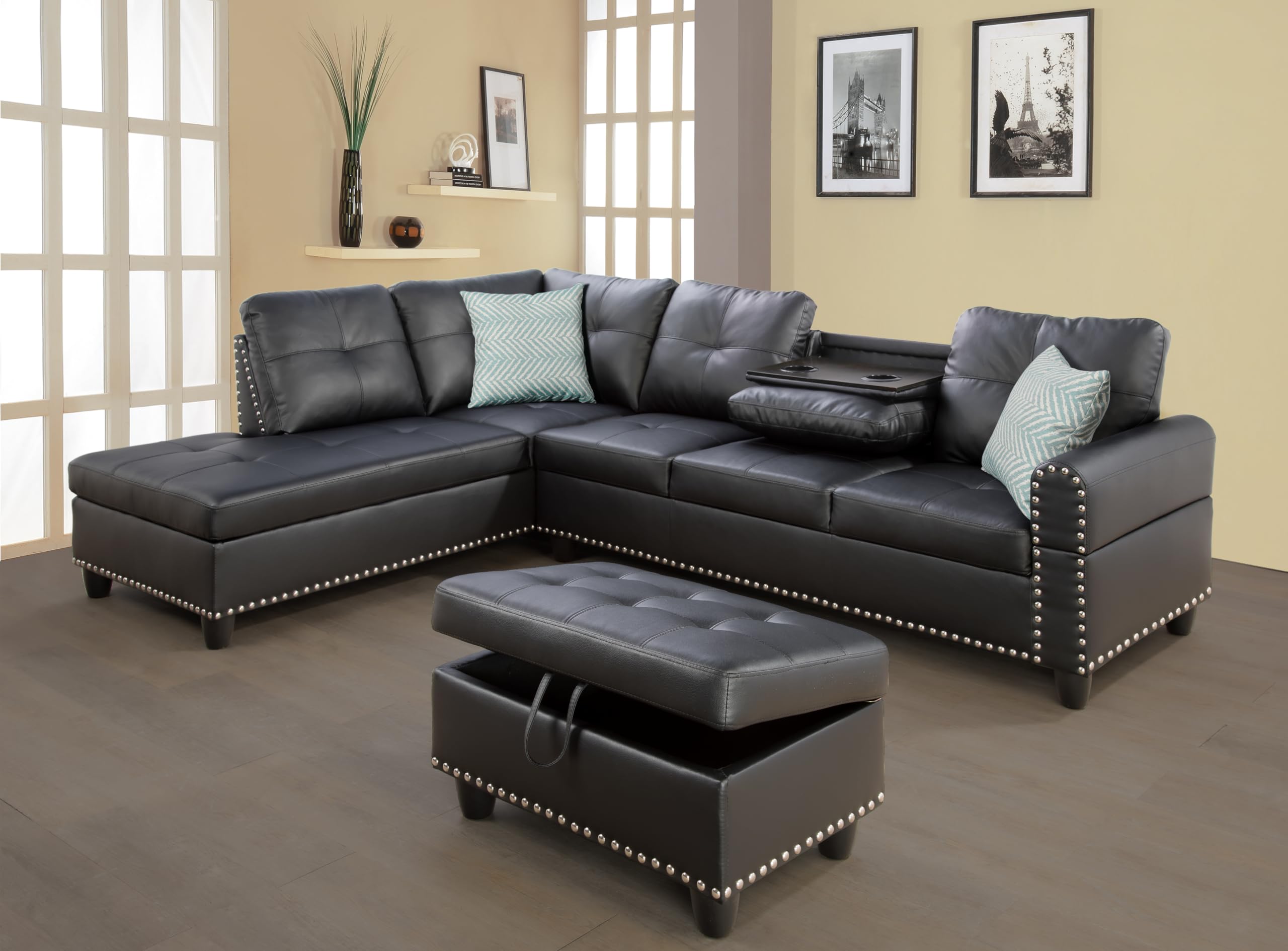 GINGVAT Faux Leather Sectional Sofa with Cup Holders, L-Shaped Chaise with Two Toss Pillows, Adjustable Backrest and Nailhead Decoration Storage Ottoman, Black