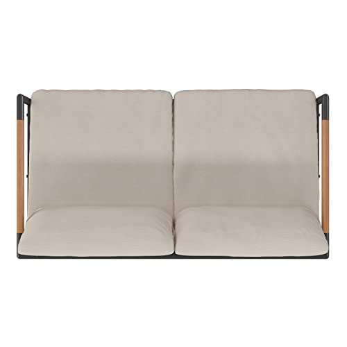 Flash Furniture Modern Patio Loveseat With Cushions - Contemporary Black Frame and Teak Accented Arms - Beige Cushions - Zippered Removable Covers
