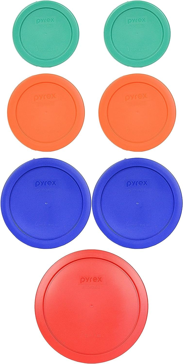 Pyrex Bundle - 7 Items (1) 7402-PC 6/7 Cup Red (2) 7201-PC 4 Cup Cobalt Blue (2) 7200-PC 2 Cup Orange (2) 7202-PC 1 Cup Green Food Storage Lids