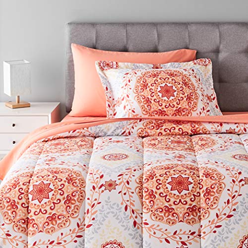 Amazon Basics 5-Piece Lightweight Microfiber Bed-In-A-Bag Comforter Bedding Set - Twin/Twin XL, Coral Medallion
