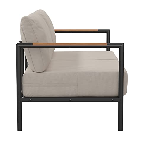 Flash Furniture Modern Patio Loveseat With Cushions - Contemporary Black Frame and Teak Accented Arms - Beige Cushions - Zippered Removable Covers