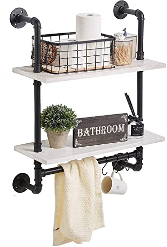 ROGMARS Industrial Pipe Shelving Bathroom Pipe Shelves with Towel Bar,2 Tier 24 inch Retro White Rustic Farmhouse Pipe Industrial Wall Shelves Bathroom Shelves Over Toilet for Storage
