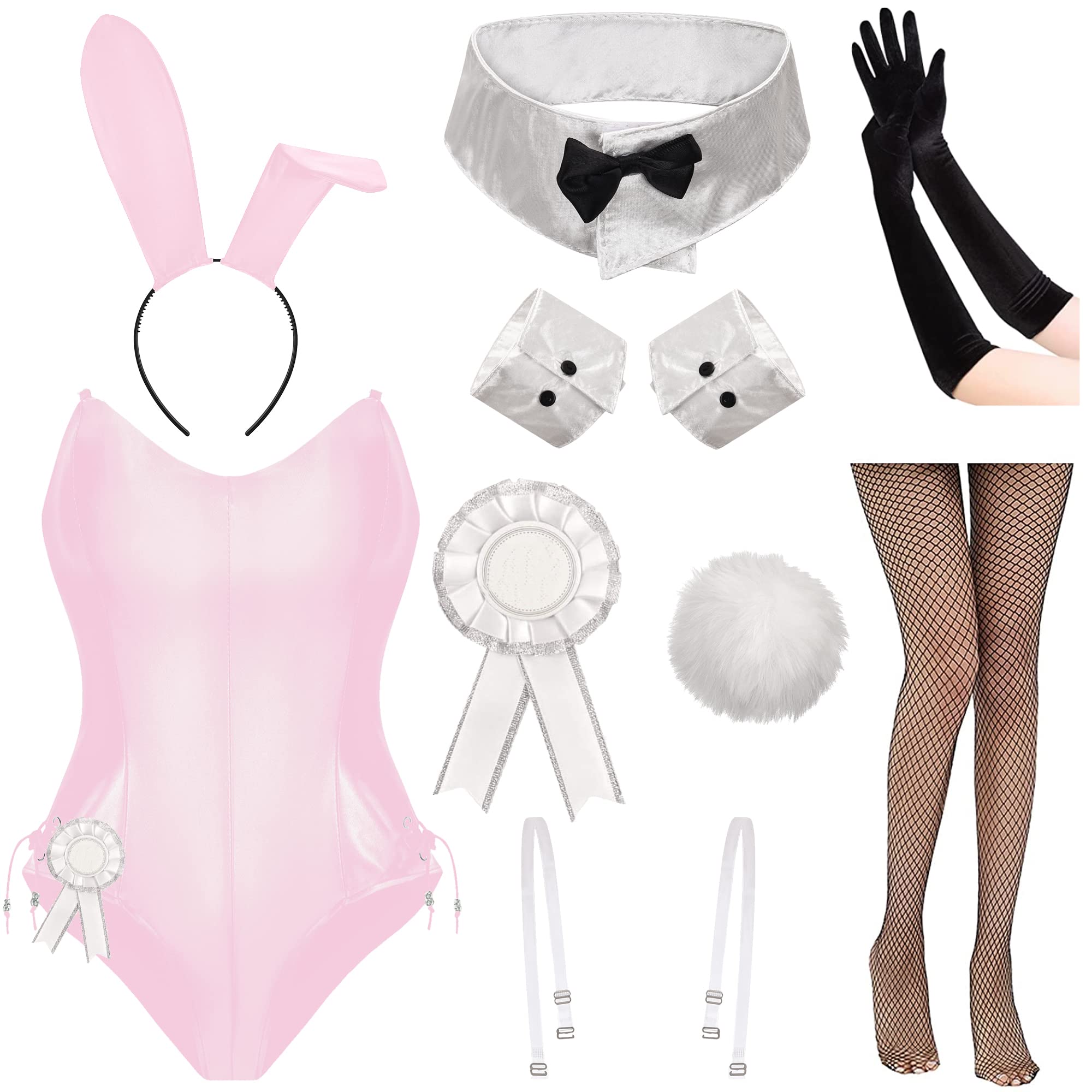 ZeroShop Playboy Bunny Costume Sexy, Bunny Accessories Ears Tail Headband Bodysuit for Halloween Girl Senpai Cosplay,Pink1,L