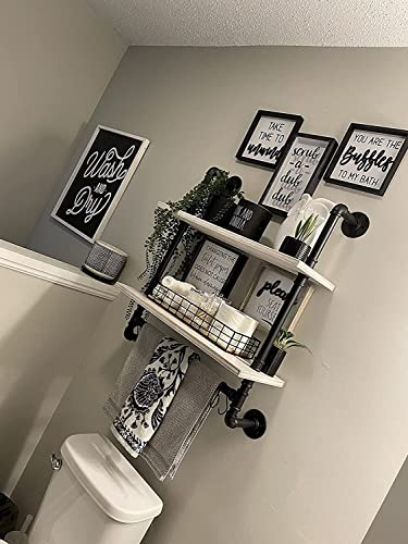 ROGMARS Industrial Pipe Shelving Bathroom Pipe Shelves with Towel Bar,2 Tier 24 inch Retro White Rustic Farmhouse Pipe Industrial Wall Shelves Bathroom Shelves Over Toilet for Storage