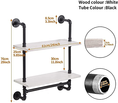 ROGMARS Industrial Pipe Shelving Bathroom Pipe Shelves with Towel Bar,2 Tier 24 inch Retro White Rustic Farmhouse Pipe Industrial Wall Shelves Bathroom Shelves Over Toilet for Storage