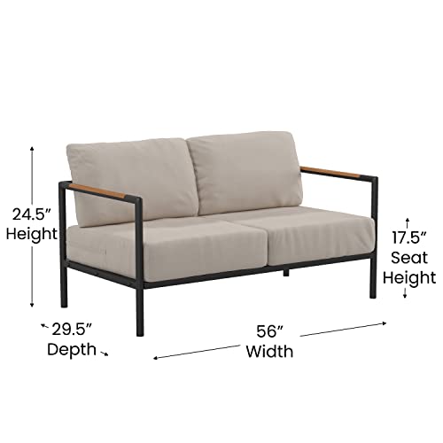 Flash Furniture Modern Patio Loveseat With Cushions - Contemporary Black Frame and Teak Accented Arms - Beige Cushions - Zippered Removable Covers