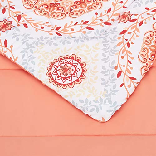 Amazon Basics 5-Piece Lightweight Microfiber Bed-In-A-Bag Comforter Bedding Set - Twin/Twin XL, Coral Medallion