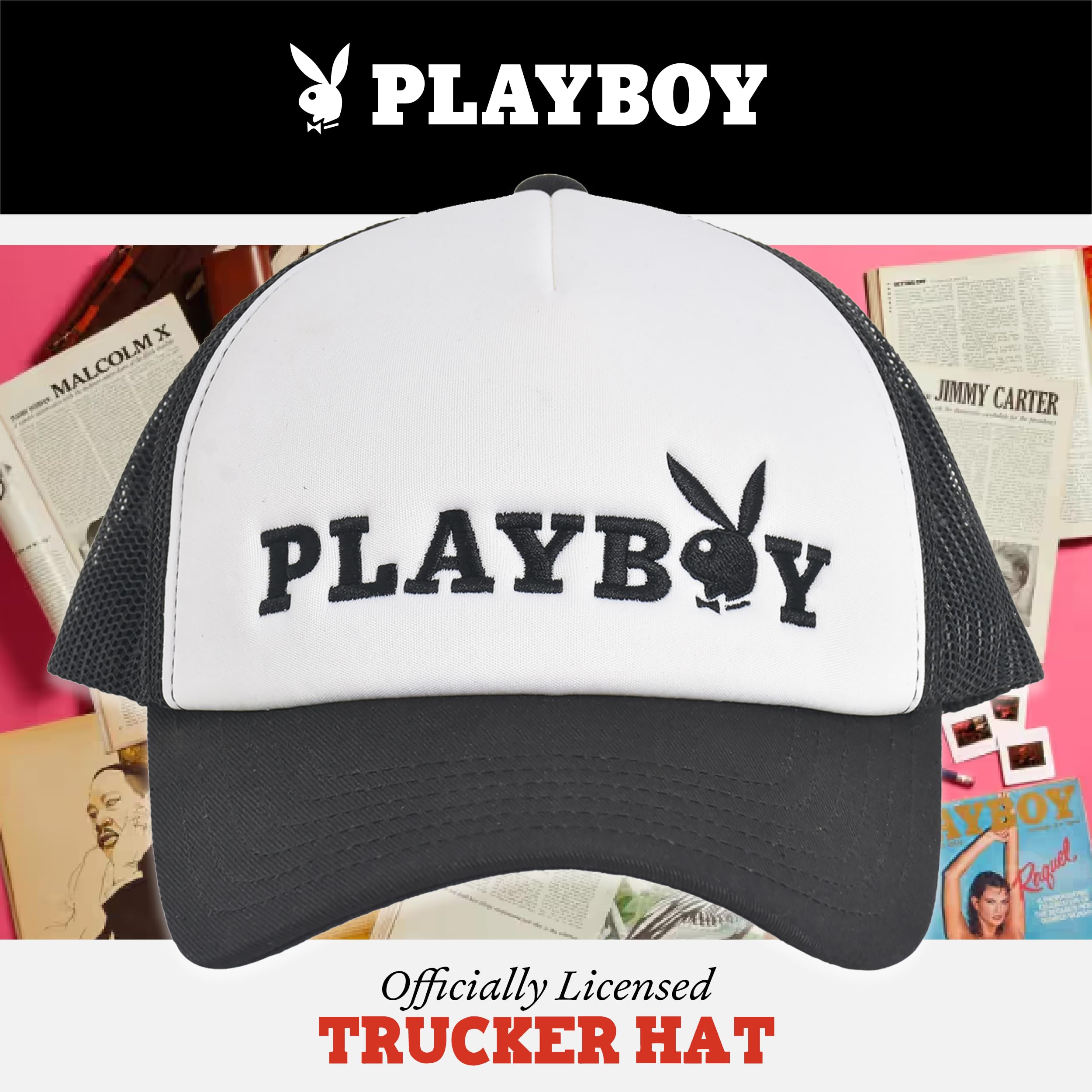 Playboy Trucker Hat, Mesh Adjustable Snapback Baseball Cap with Curved Brim, Black, One Size