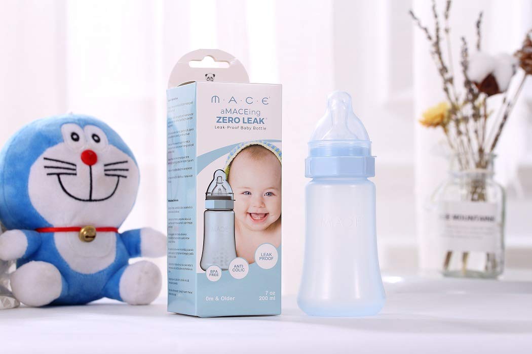 aMACEing Zero Leak® Baby Bottle with Anti-Colic Vent and Variable Flow, Leak-Proof 7oz (Blue)