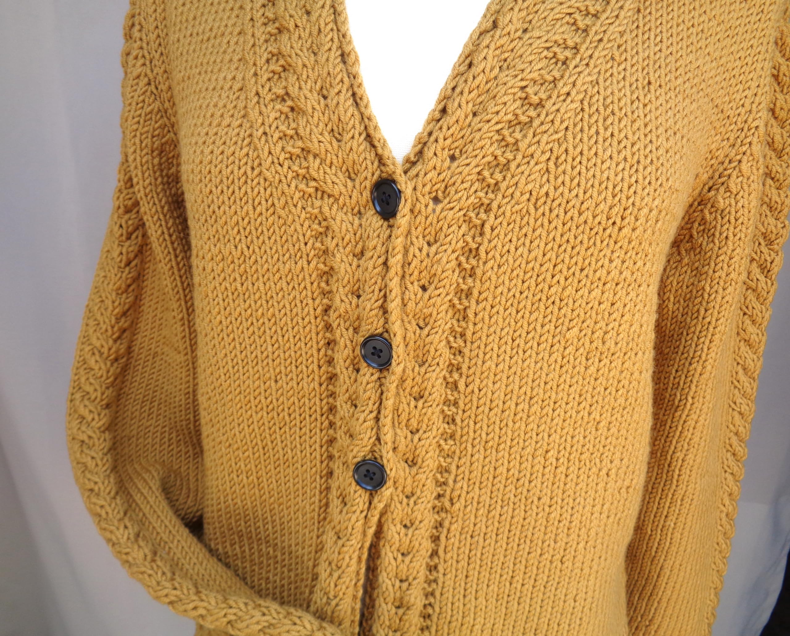 Mustard Gold Cardigan Sweater with Cable Design, Hand Knit, Merino Wool Acrylic, Womens size M L, Long Sleeves, Button Front, Basic Cardi