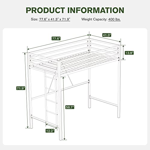 IMUsee Loft Bed Frame for Juniors&Adults, Metal Loft Bed Twin Size with Safety Guardrail&Removable Ladder, Space-Saving, Noise Free, Matte Black