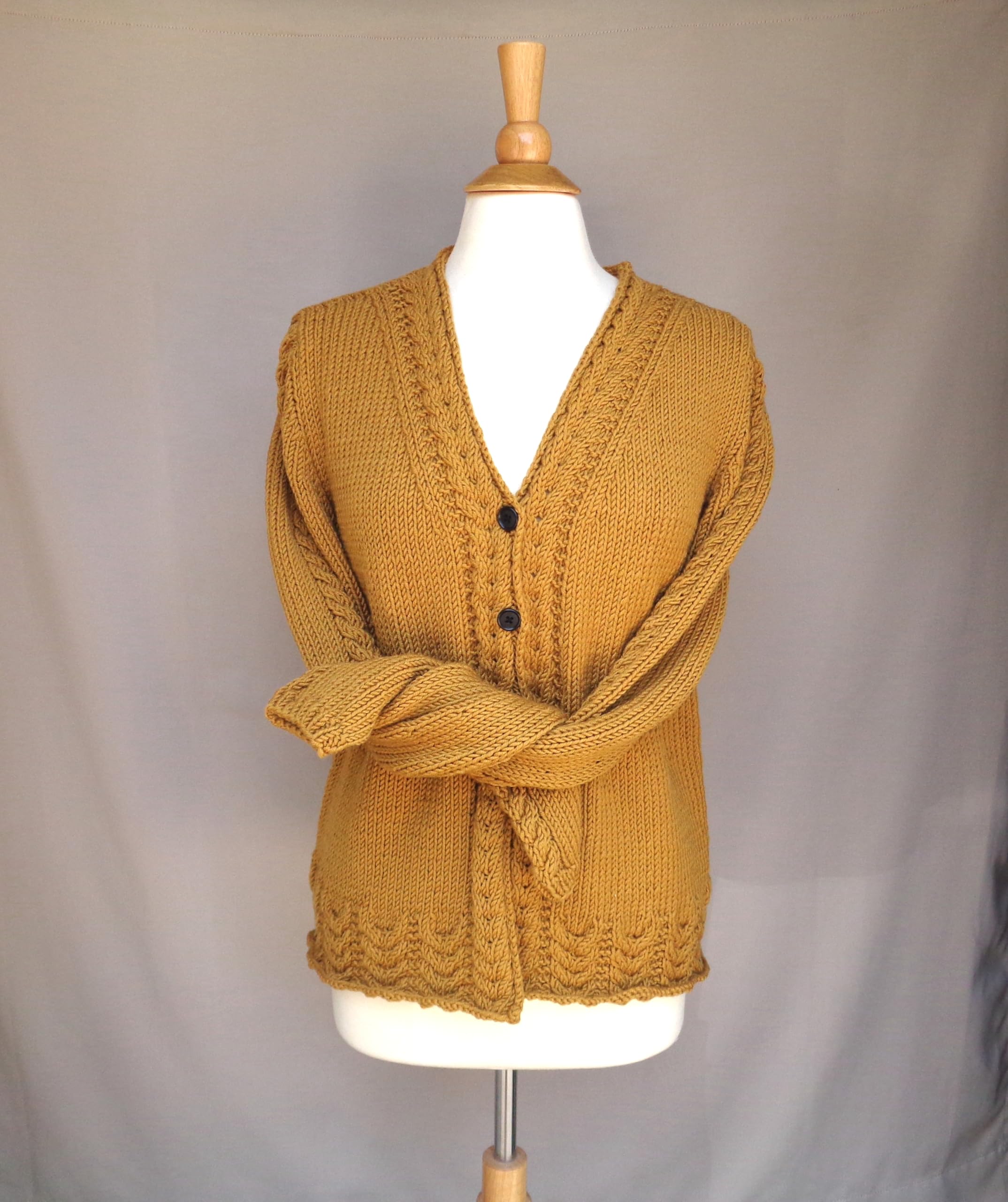 Mustard Gold Cardigan Sweater with Cable Design, Hand Knit, Merino Wool Acrylic, Womens size M L, Long Sleeves, Button Front, Basic Cardi