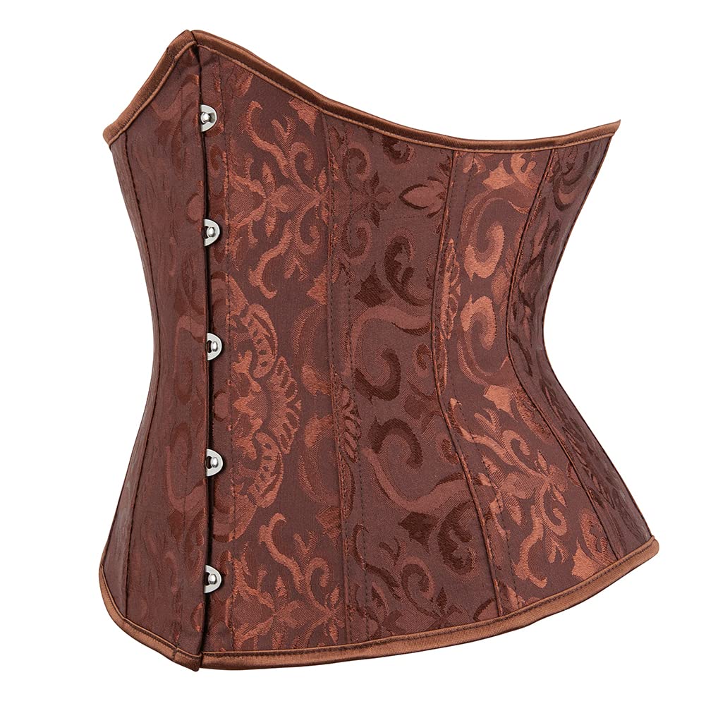SHYMMUO Women's Underbust Brown Corset Top Satin Floral Lace Up Corset Cincher L