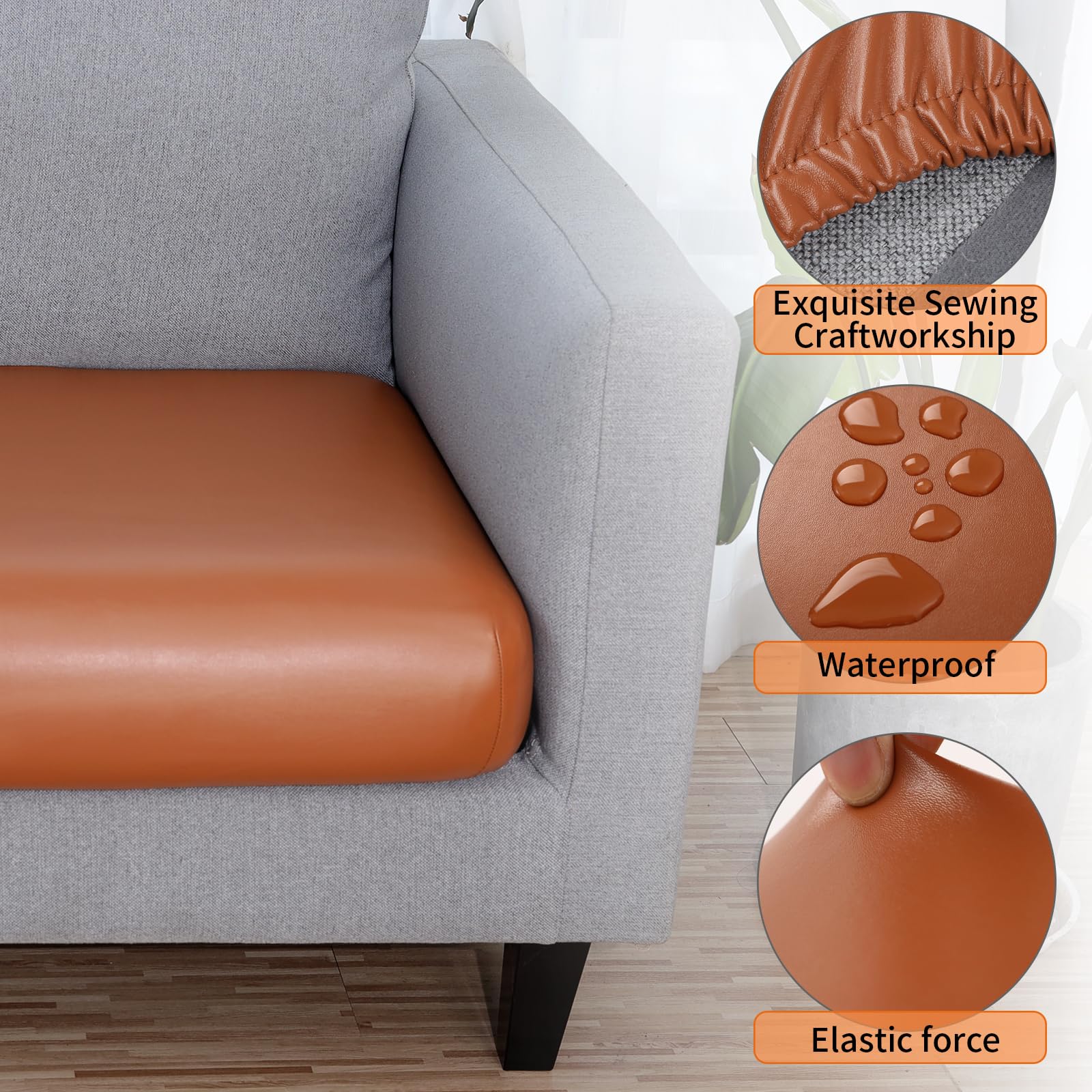 YISUN PU Leather Couch Cushion Sofa Cover, Waterproof Stretch Couch Cushion Slipcovers, Faux Leather Sofa Slipcovers Loveseat Couch Replacement Chair/Furniture Protector,3 Pack,Light Brown