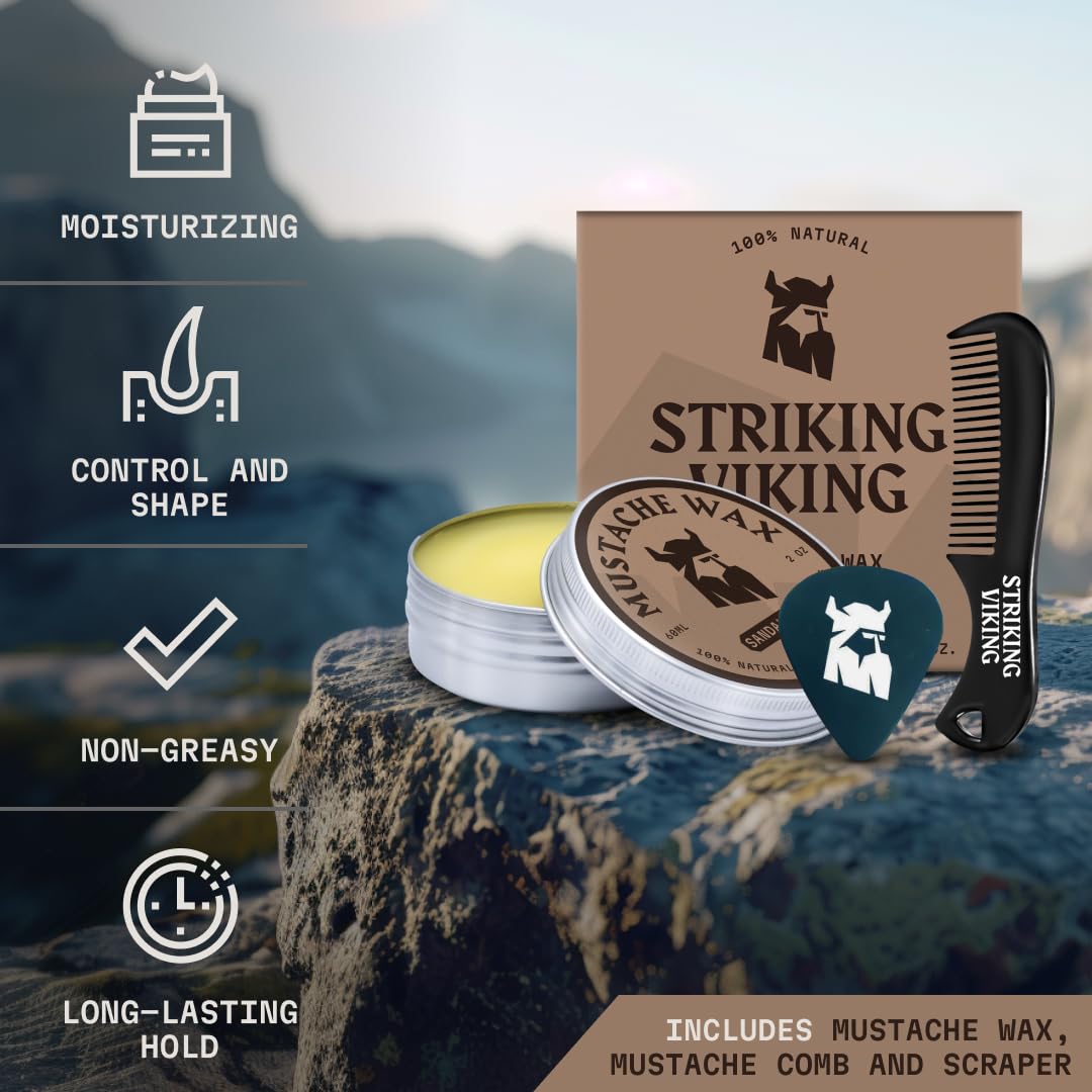 Striking Viking Mustache Wax & Comb Kit - Beard & Mustache Care for Men with Strong Hold Natural Beeswax - Tame, Style & Groom, Sandalwood Scent, 2 Ounce