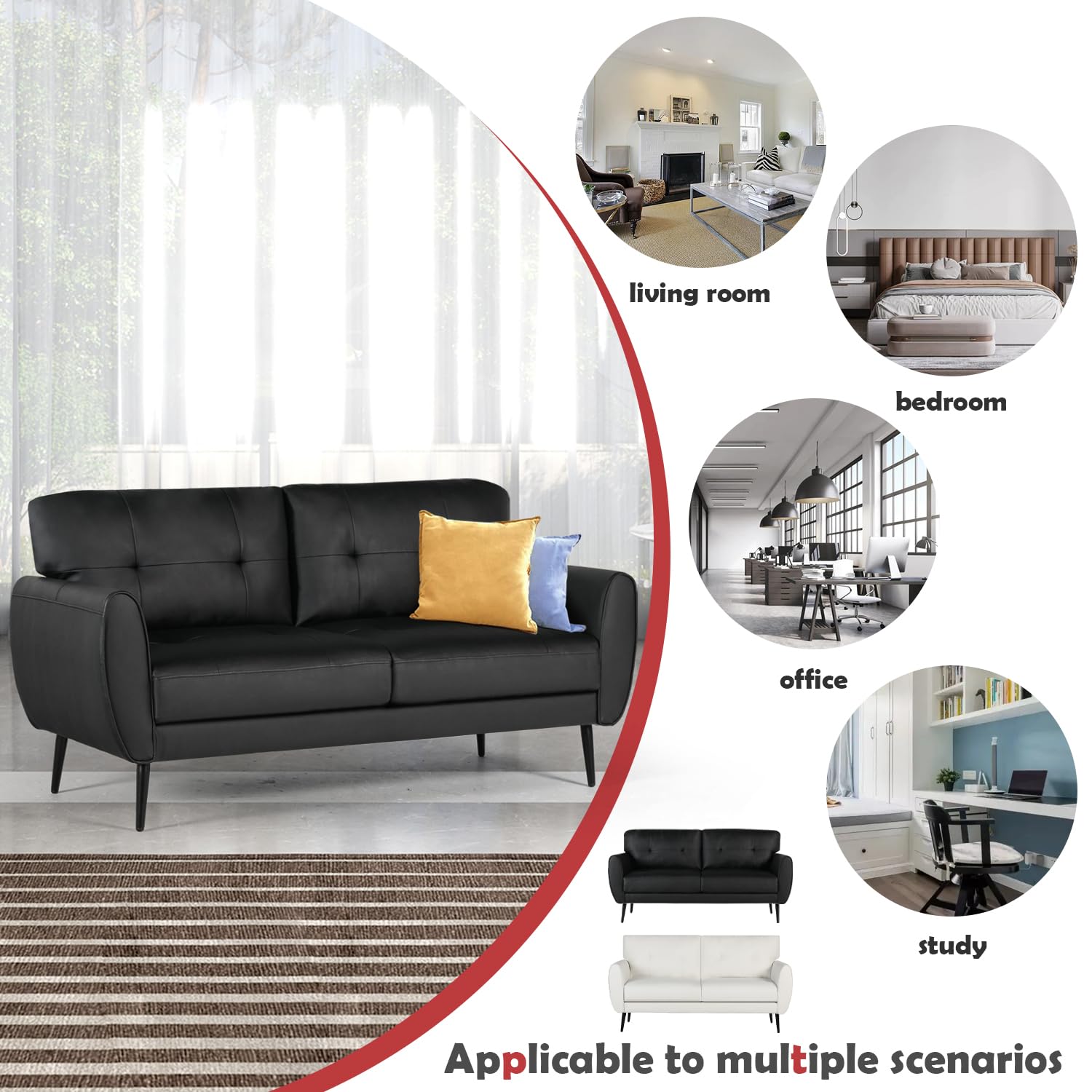 VAMEPOLE Sofa Couch, 61" Leather Loveseat Sofa for Living Room, Mid Century Mini Black Couch, Tufted Faux Leather Love Seat, Comfy Office Sofa 2 Seat, Small Couches for Small Spaces, Bedroom(Black)