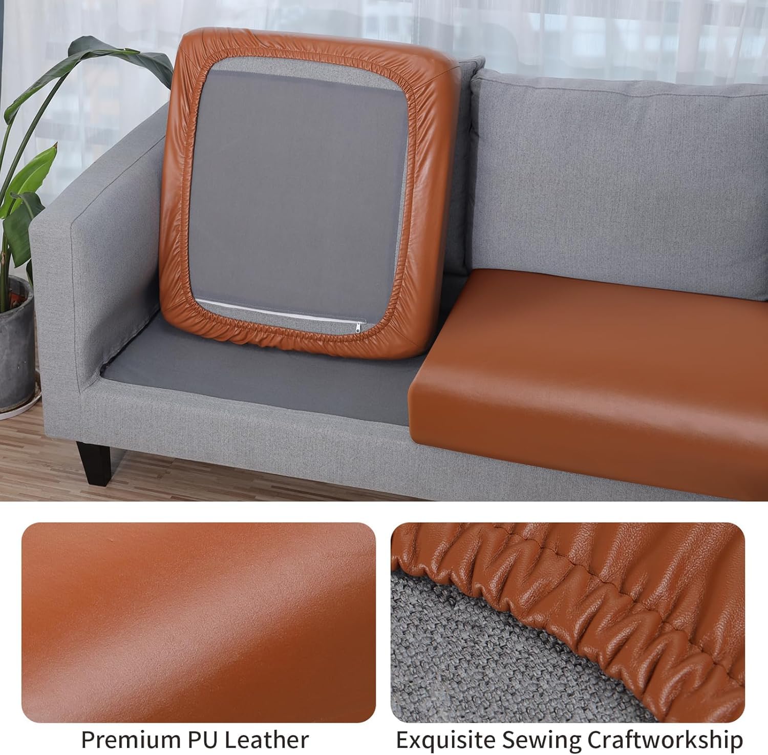 YISUN PU Leather Couch Cushion Sofa Cover, Waterproof Stretch Couch Cushion Slipcovers, Faux Leather Sofa Slipcovers Loveseat Couch Replacement Chair/Furniture Protector,3 Pack,Light Brown