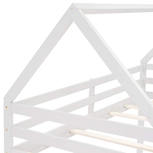 MERITLINE House Shaped Bunk Bed Twin Over Twin Size Wood Bunk Bed Frame Low Bunk Beds for Kids and Toddlers, Twin Size,White