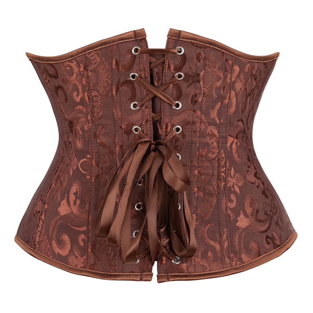 SHYMMUO Women's Underbust Brown Corset Top Satin Floral Lace Up Corset Cincher L