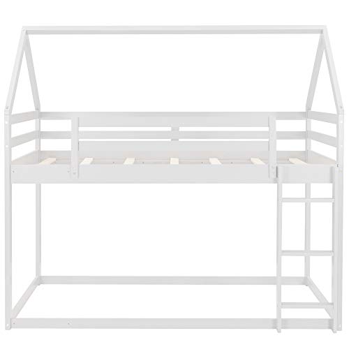 MERITLINE House Shaped Bunk Bed Twin Over Twin Size Wood Bunk Bed Frame Low Bunk Beds for Kids and Toddlers, Twin Size,White