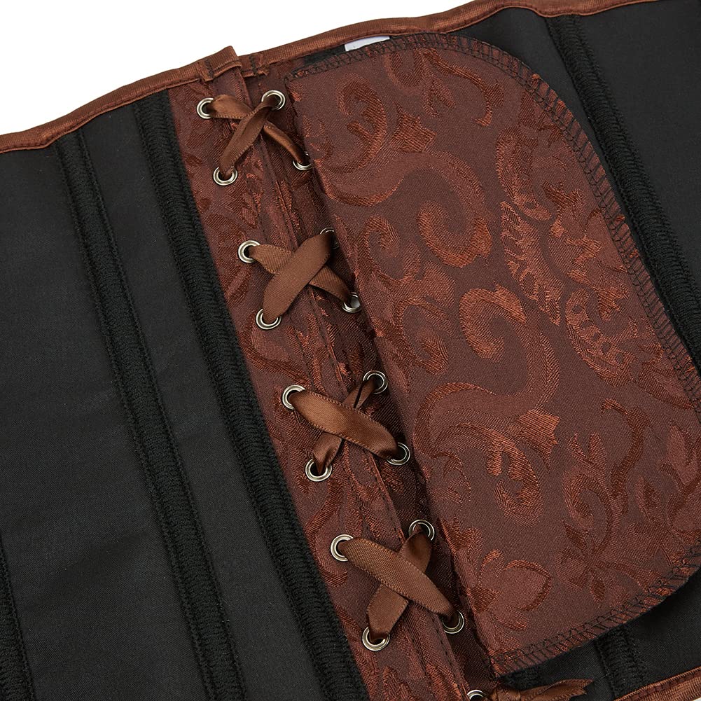 SHYMMUO Women's Underbust Brown Corset Top Satin Floral Lace Up Corset Cincher L