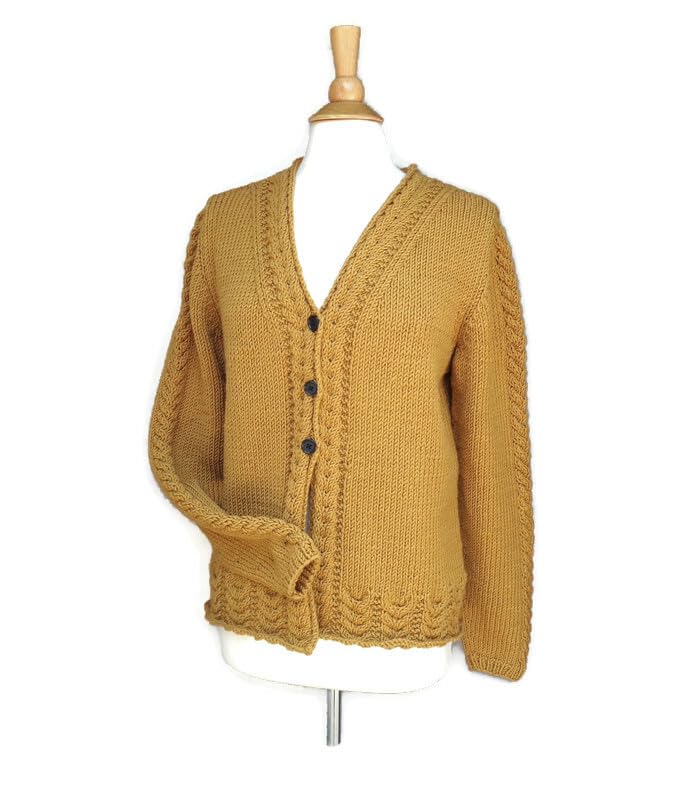 Mustard Gold Cardigan Sweater with Cable Design, Hand Knit, Merino Wool Acrylic, Womens size M L, Long Sleeves, Button Front, Basic Cardi