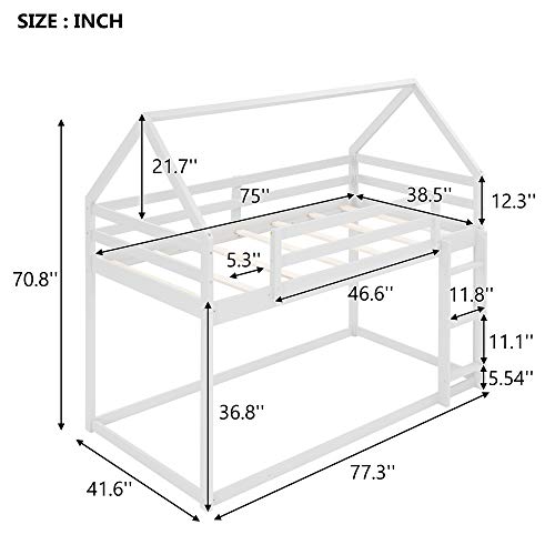 MERITLINE House Shaped Bunk Bed Twin Over Twin Size Wood Bunk Bed Frame Low Bunk Beds for Kids and Toddlers, Twin Size,White