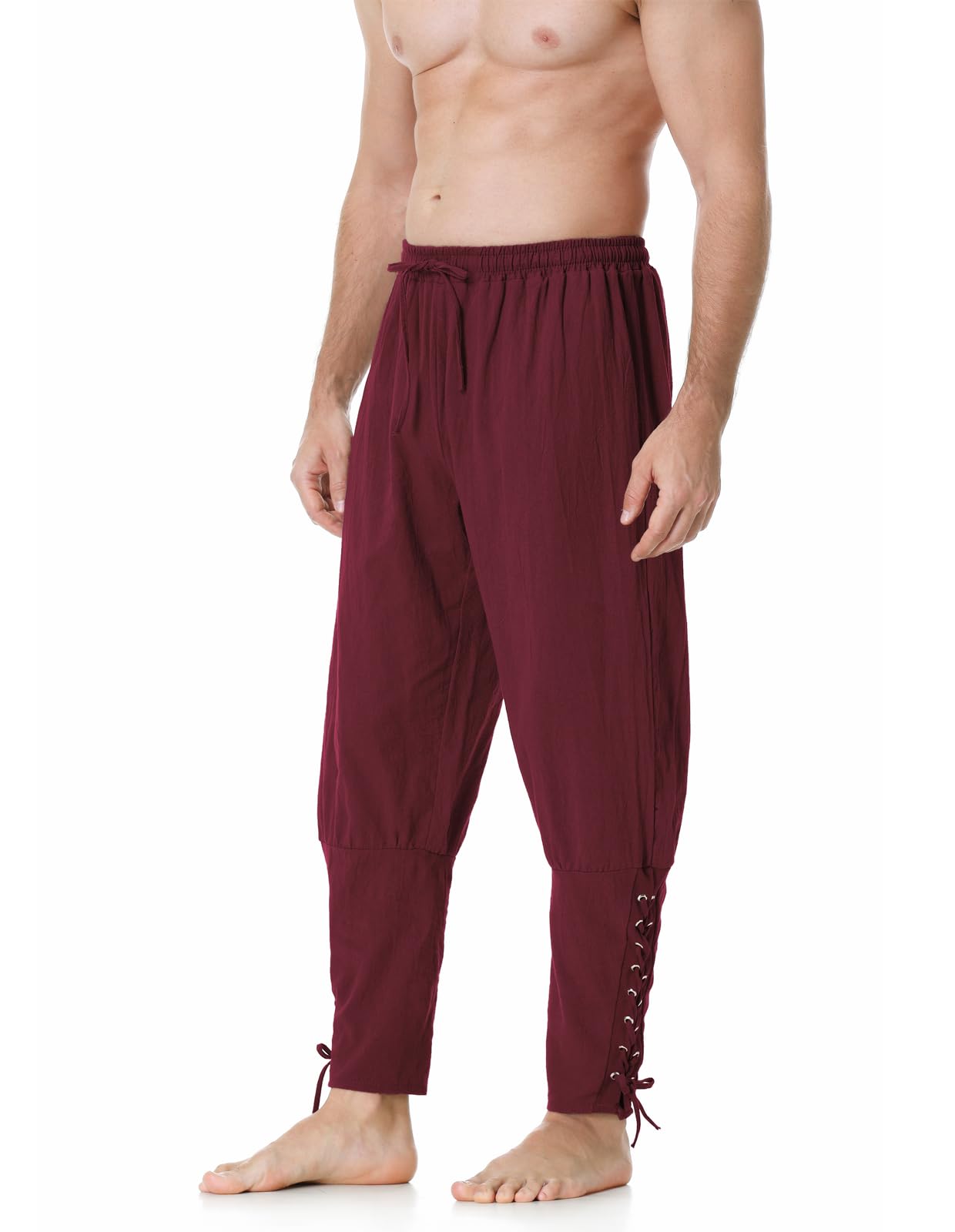 GRAJTCIN Renaissance Pirate Cosplay Costume with Drawstrings Lace Up Tapered Banded Navigator Casual Trousers Medieval Ren Faire Steampunk Medieval Viking Pirate Pants(M,Burgundy)