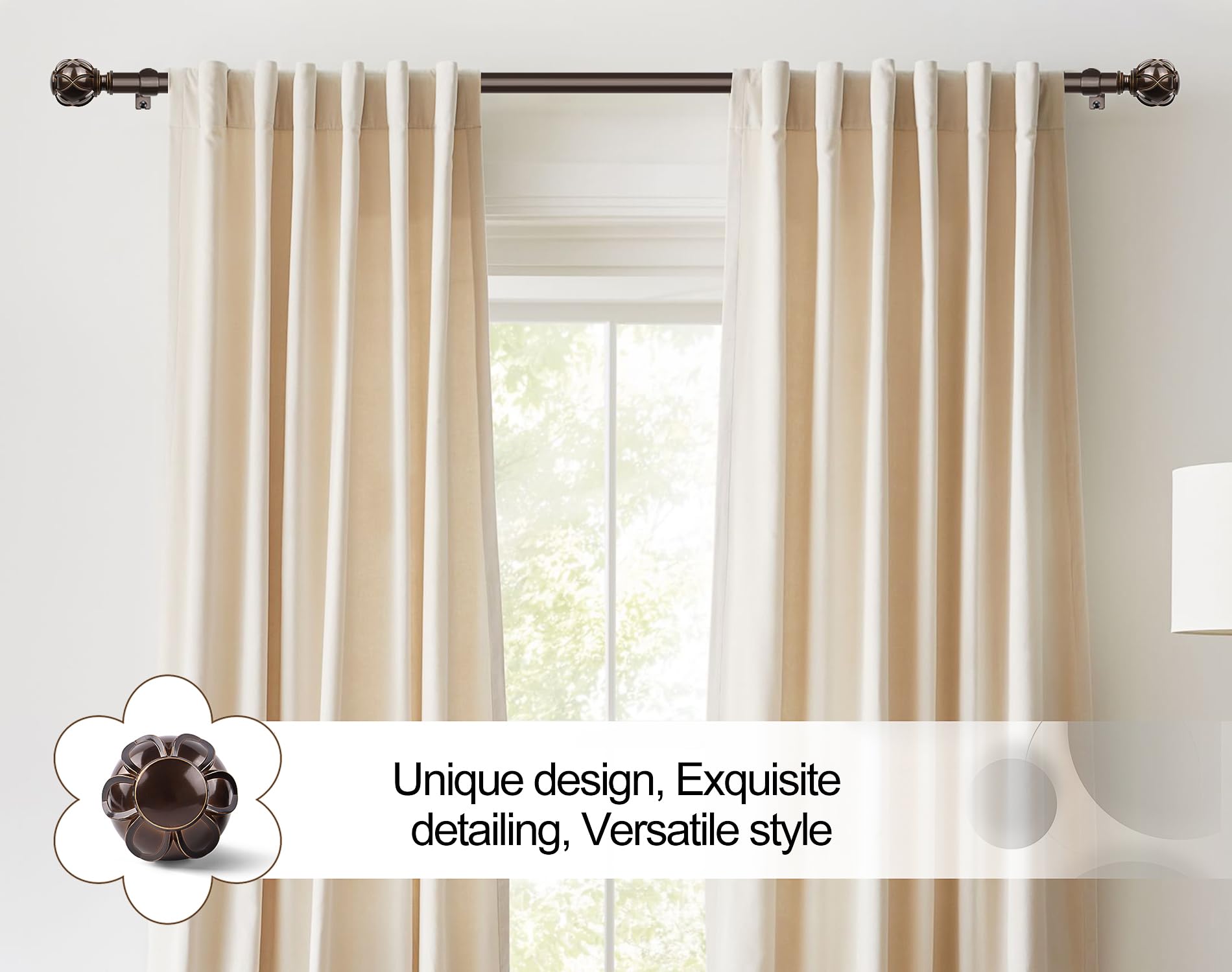 KAMANINA 1 Inch Curtain Rod Telescoping Single Drapery Rod 72 to 144 Inches (6-12 Feet), Netted Texture Finials, Antique Bronze