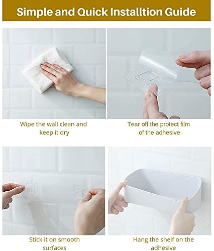 SUNFICON Shower Caddy Adhesive Bathroom Shelf Organizer Wall Mounted Storage Rack No Drilling Shower Shelf Bath Essentials Shampoo Spice Holder 2 Clear Adhesives for Shower Room Bathroom Kitchen White