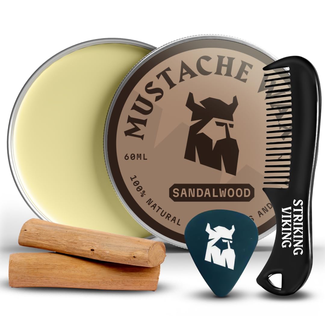 Striking Viking Mustache Wax & Comb Kit - Beard & Mustache Care for Men with Strong Hold Natural Beeswax - Tame, Style & Groom, Sandalwood Scent, 2 Ounce
