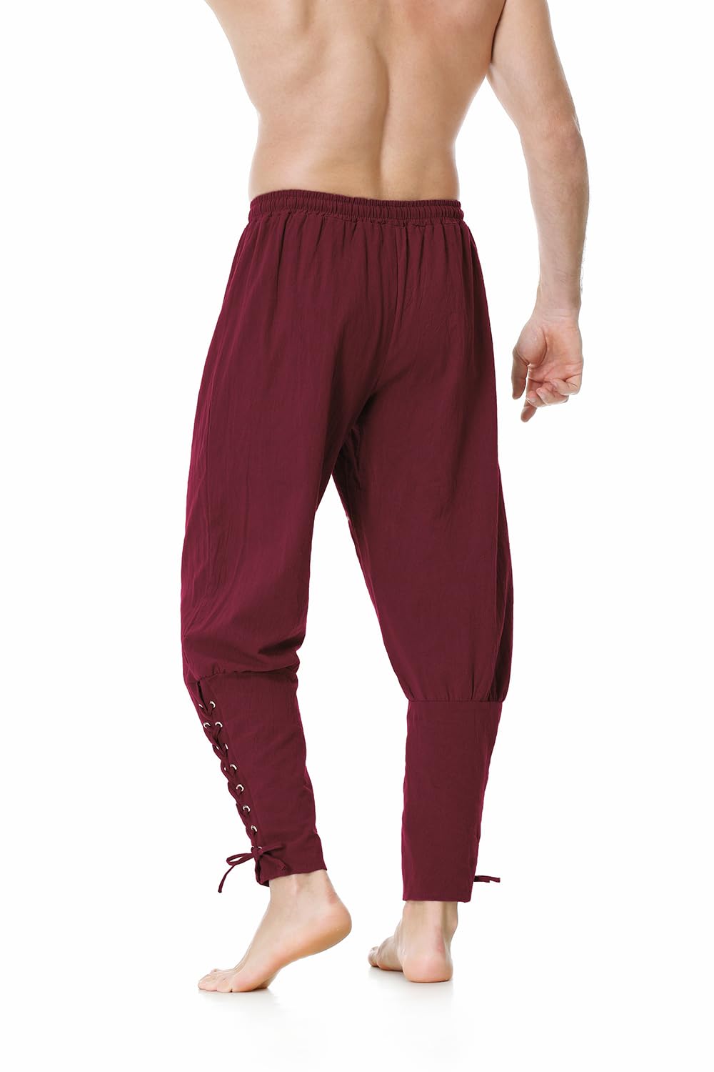 GRAJTCIN Renaissance Pirate Cosplay Costume with Drawstrings Lace Up Tapered Banded Navigator Casual Trousers Medieval Ren Faire Steampunk Medieval Viking Pirate Pants(M,Burgundy)