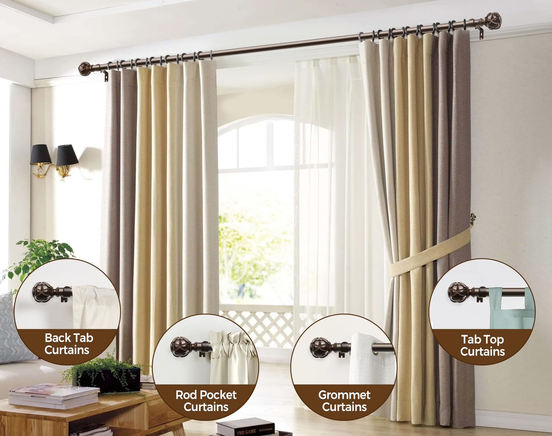 KAMANINA 1 Inch Curtain Rod Telescoping Single Drapery Rod 72 to 144 Inches (6-12 Feet), Netted Texture Finials, Antique Bronze
