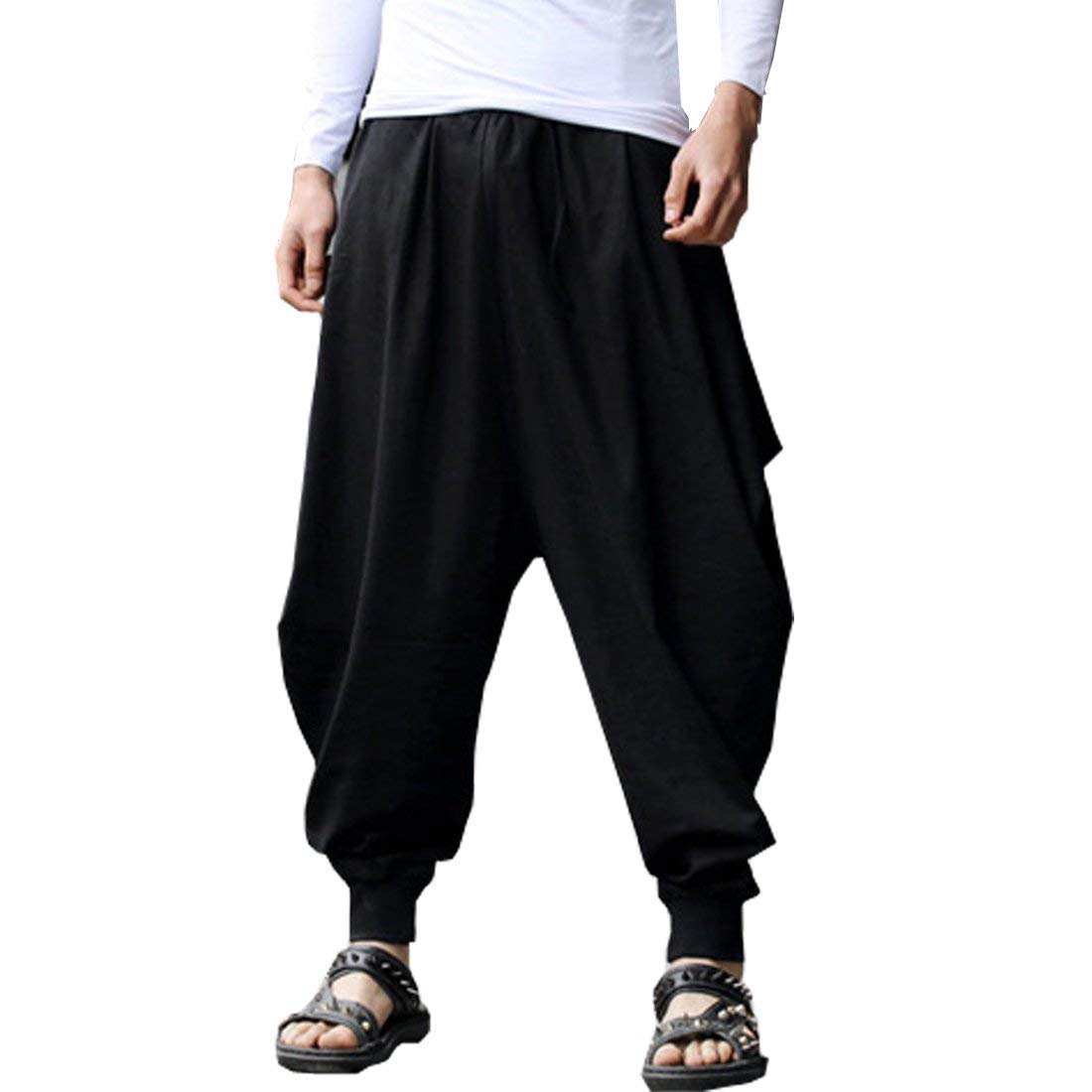 ONTTNO Men's Harem Pants Loose Stretchy Waist Casual Hippie Trousers (Black)