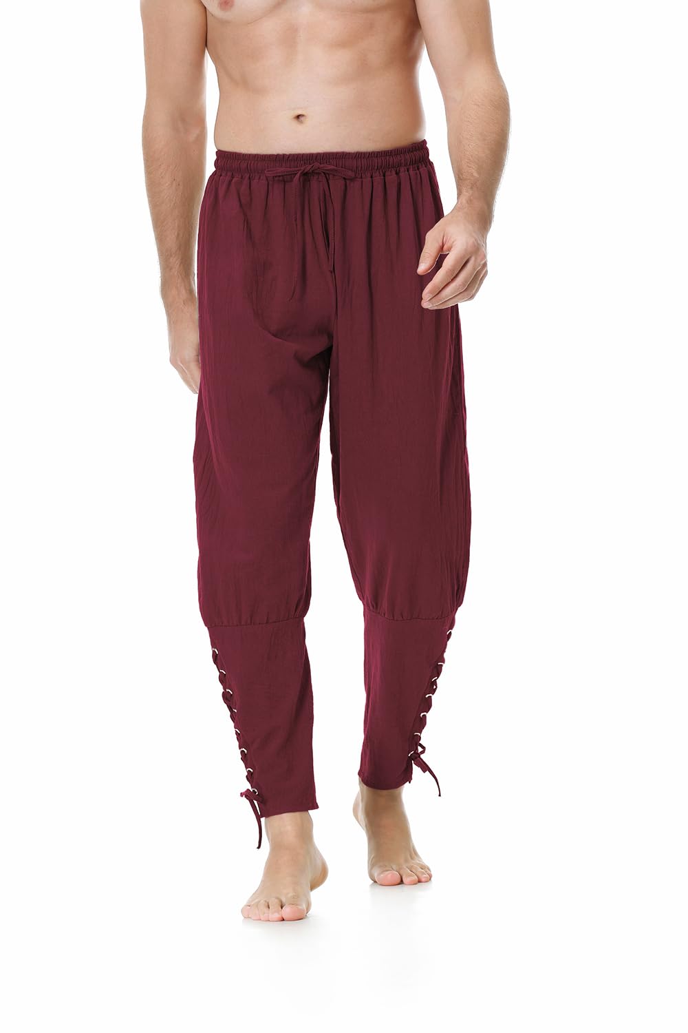 GRAJTCIN Renaissance Pirate Cosplay Costume with Drawstrings Lace Up Tapered Banded Navigator Casual Trousers Medieval Ren Faire Steampunk Medieval Viking Pirate Pants(M,Burgundy)