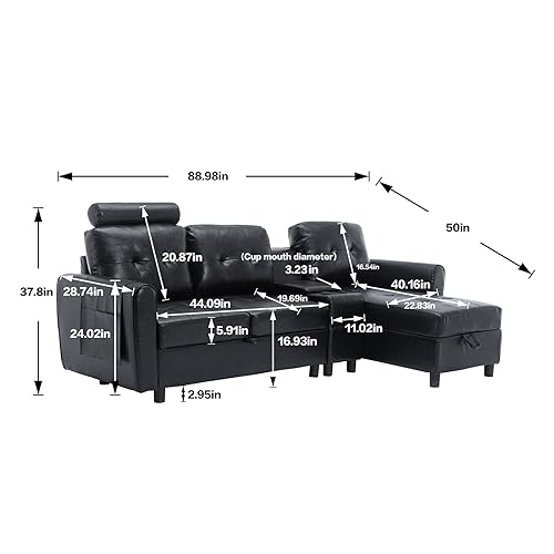 88.98" PU Leather Modular Sectional Sofa with Storage & Cup Holder, Convertible L Shaped Sofa Couch with Chaise, Modern Tufted Convertible Sleeper Sofa Set for Living Room,Black