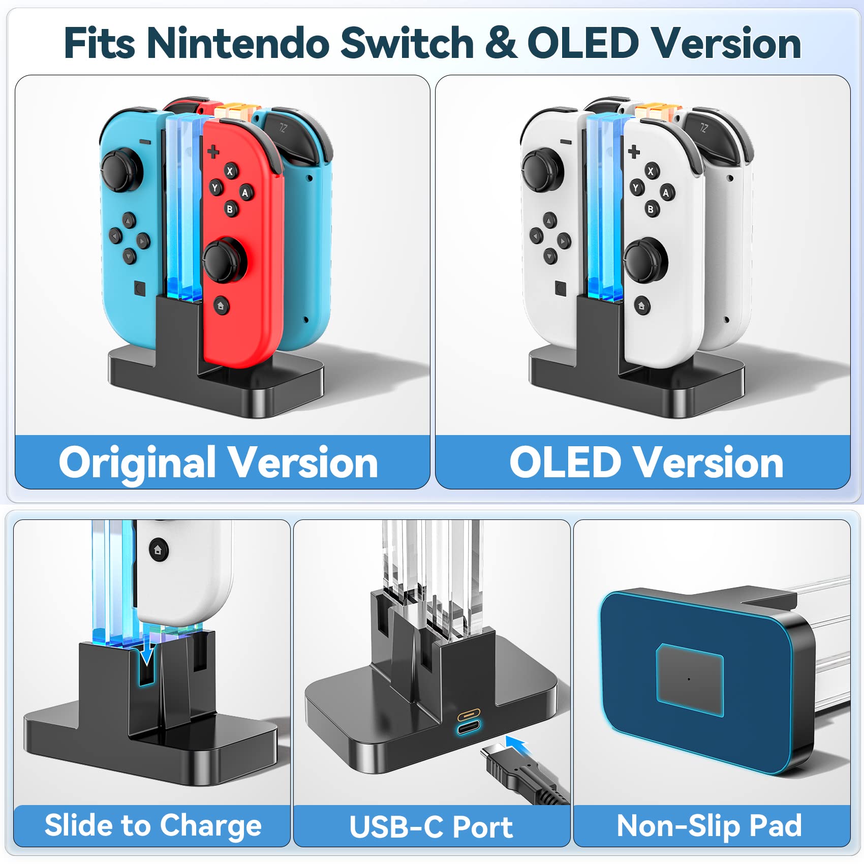 Switch Controller Charger Dock for Nintendo Switch Joycon, Joy con Charging Dock with Lamppost LED Indication, Switch Charging Station Stand for 4 Joy Cons, Joycon Charger with Type-C Cable