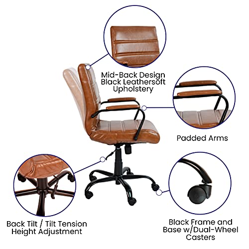Flash Furniture Whitney Mid-Back Desk Chair - Brown LeatherSoft Executive Swivel Office Chair with Black Frame - Swivel Arm Chair