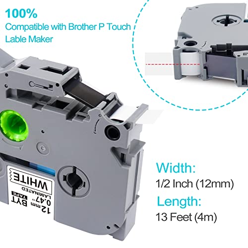 Compatible with Brother TZe-231 & Color Laminated P-Touch Label Maker Tape, 0.47 Inch (12mm) x 26.2 Feet, Black on White & Clear/White/Red/Blue/Yellow/Green (6+6 Pack)