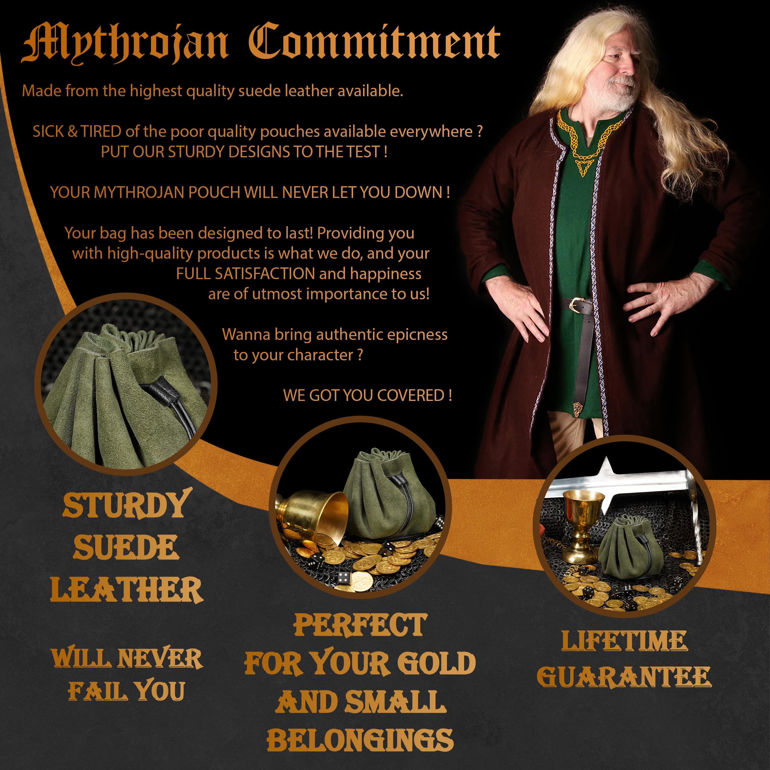 Mythrojan Medieval Jewelry Belt Pouch LARP Renaissance Waist Bag with Adjustable Strap, Suede Leather for Cosplay and Historical Reenactments - Dark Green