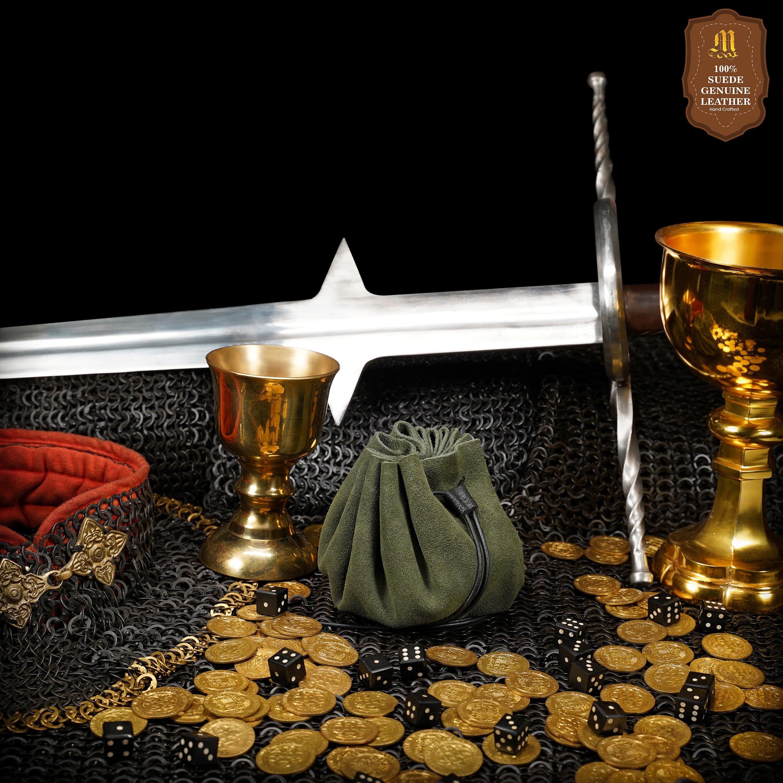 Mythrojan Medieval Jewelry Belt Pouch LARP Renaissance Waist Bag with Adjustable Strap, Suede Leather for Cosplay and Historical Reenactments - Dark Green