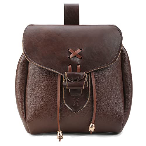 FORNYIN Unisex Adult Medieval Belt Pouch Leather Renaissance Belt Bag Viking Cosplay Bag Pouch (Dark Brown)